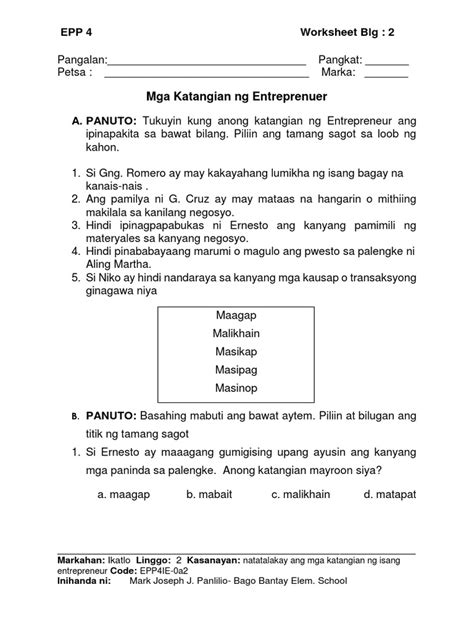 Worksheet 2 Grade 4 Epp 4 Pdf