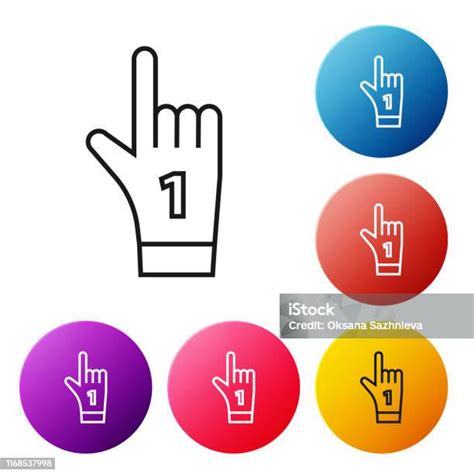 검은 선 번호 1 손가락이 흰색 배경에 고립 된 아이콘을 올린 팬 손 장갑 대회에서 팀 지원의 상징 아이콘 다채로운 원 버튼을 설정합니다 벡터 일러스트레이션 격려에 대한