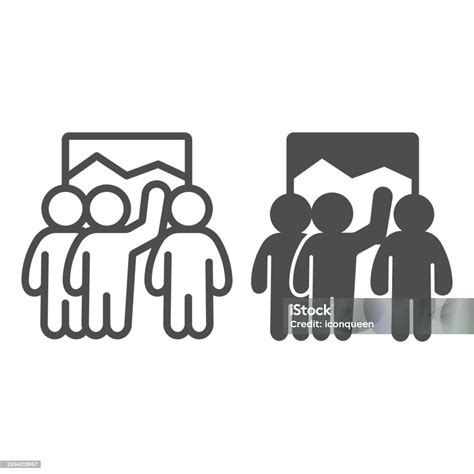 그림과 사람들 군중 라인과 견고한 아이콘 전시 개념 벡터 그래픽입니다 방문자와 함께 그림 캔버스 흰색 배경에 청중 표시 모바일 또는 웹 디자인을위한 개요 스타일 아이콘 0