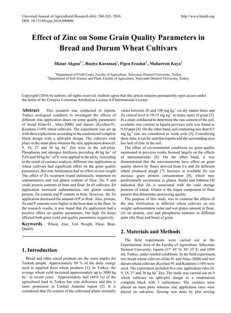 PDF Effect Of Zinc On Some Grain Quality Parameters In Bread And Durum Wheat Cultivars