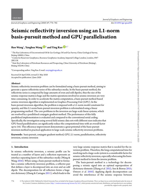 Pdf Seismic Reflectivity Inversion Using An L1 Norm Basis Pursuit