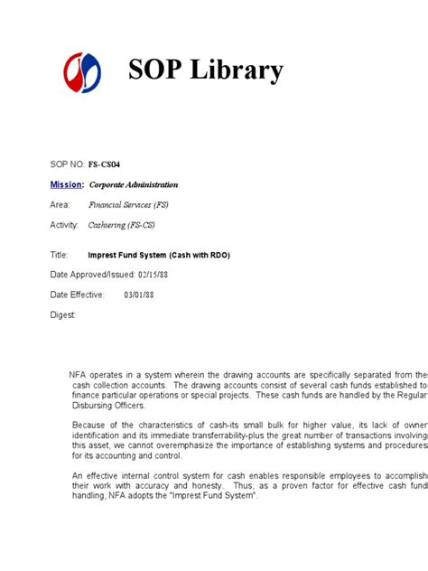 Fscs04 Sop On Imprest Fund System Pdf Payments Payroll