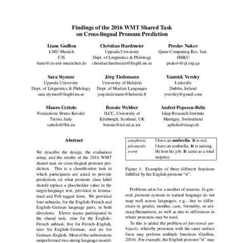 Findings Of The 2016 Wmt Shared Task On Cross Lingual Pronoun