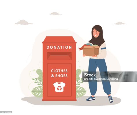 옷 기부 골판지 상자를 가진 이슬람 여성은 재활용 또는 기부를위한 물건을 제공합니다 의류 보관함 또는 재활용 용기 자원 봉사 및 사회 복지 플랫 만화 스타일의 벡터 일러스트