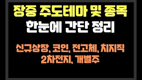 당일 장중 주도테마 및 종목 간단정리 신규상장코인전고체치지직2차전지개별주 이수페타시스금양플레이디알테오젠