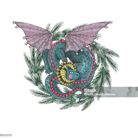 새해 화환을 쓴 귀여운 드래곤 공주 크리스마스 수채화 그림입니다 어린이 제품 직물 의류 선물 장식 카드에 적합 용에 대한 스톡 벡터 아트 및 기타 이미지 Istock