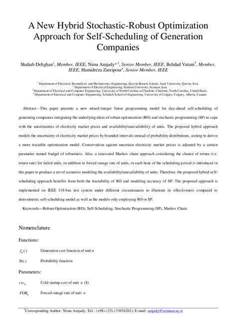 Pdf A New Hybrid Stochastic Robust Optimization Approach For Self Scheduling Of Generation