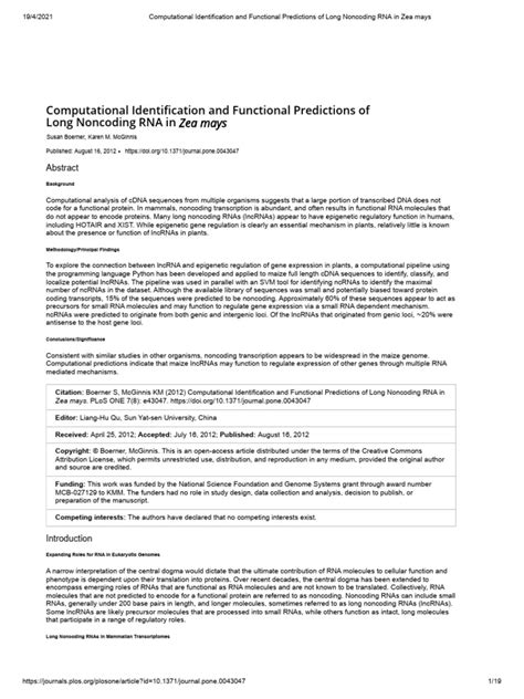 Computational Identification And Functional Predictions Of Long Noncoding Rna In Zea Mays Pdf