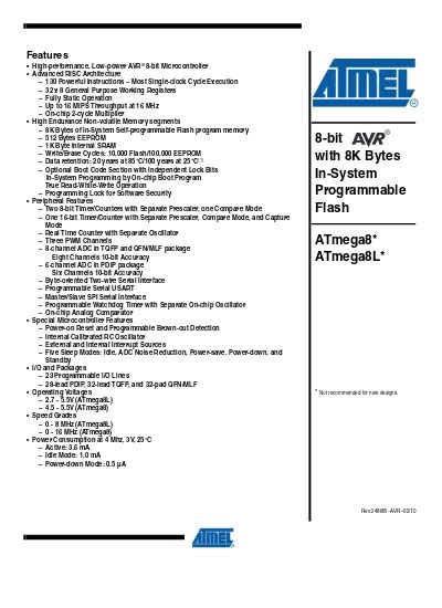 8 Bit With 8k Bytes In System Programmable Flash Atmega8 Atmega8l
