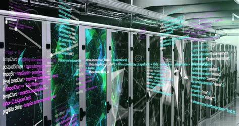 Image Of Computer Language Over Globe And Connected Dots On Data Server Systems Stock