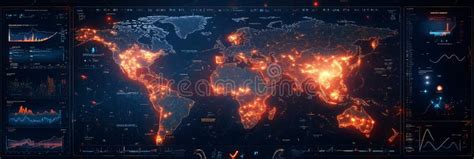 Control Center Monitoring Global Network Activity On World Map Stock