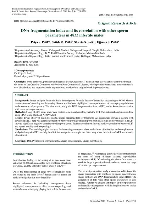 Pdf Dna Fragmentation Index And Its Correlation With Other Sperm