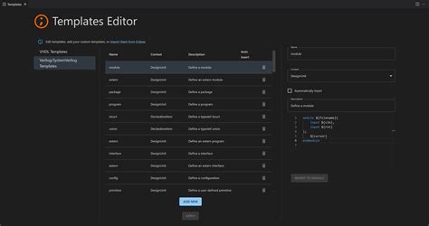Content Assist Templates Editor Sigasi