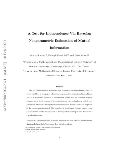 Pdf A Test For Independence Via Bayesian Nonparametric Estimation Of Mutual Information