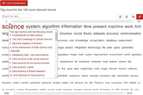 tag cloud visualization with a dialogue box showing the result list for download scientific