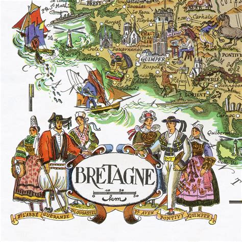 Fun Map Of Bretagne A French Province France Fr Vintage Pictorial