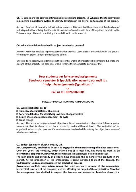 Project Management 3rd Sem Smu Mba Solved Assignments Pdf