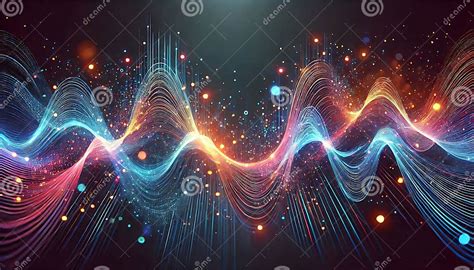 Dynamic Waveforms In Neon Tones With Glowing Particles On Dark Backdrop Designed Using