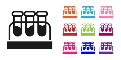흰색 배경에 고립 된 혈액 아이콘으로 검은 테스트 튜브 또는 플라스크 실험실 화학 과학 유리 제품 기호 다채로운 아이콘을 설정합니다 벡터 개발에 대한 스톡 벡터 아트 및