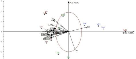 Biplot Showing The Dispersion Of The Fi Rst Two Main Components Pc1 Download Scientific