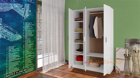 Гардероб Шайн трикрилни бял гланц ️ ТОП Цена — МебелМаг