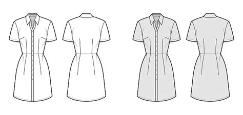 드레스 셔츠 기술 패션 일러스트 와 반소매 무릎 길이 연필 스커트 클래식 칼라 버튼 클로저 0명에 대한 스톡 벡터 아트 및 기타 이미지 Istock