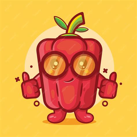 평면 스타일 디자인에 엄지손가락 최대 손 제스처 고립 된 만화와 귀여운 빨간 파프리카 캐릭터 프리미엄 벡터