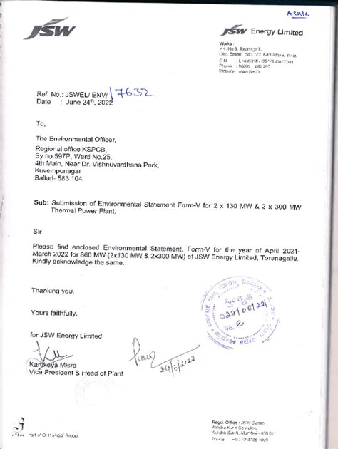 Fillable Online 2022 Environmental Audit Report For Jsw Energy Limited