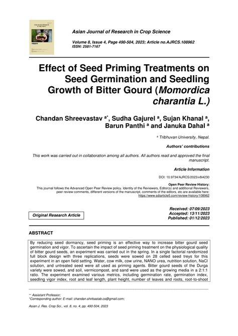 Pdf Effect Of Seed Priming Treatments On Seed Germination And Seedling Growth Of Bitter Gourd
