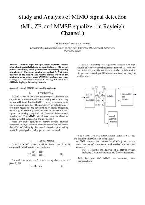 PDF Study And Analysis Of MIMO Signal Detection ML ZF And MMSE Equalizer In Rayleigh Channel