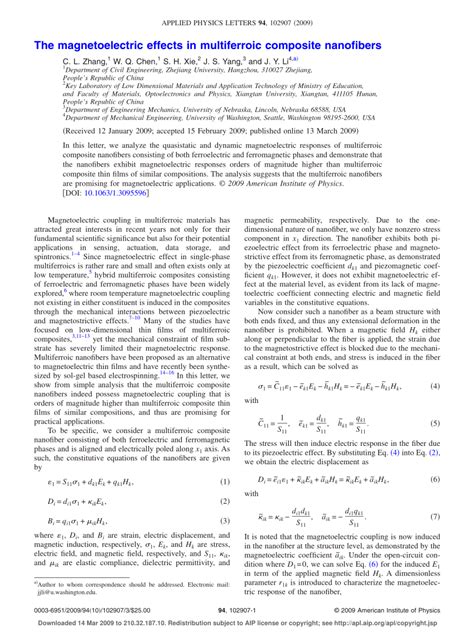 Pdf The Magnetoelectric Effects In Multiferroic Composite Nanofibers