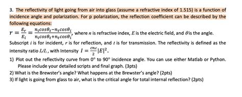 Get Answer 3 The Reflectivity Of Light Going From Air Into Glass