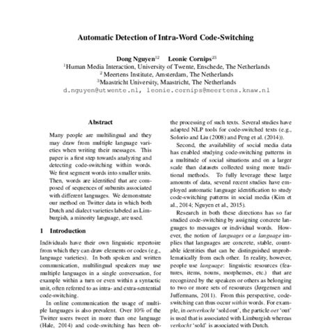 Automatic Detection Of Intra Word Code Switching Acl Anthology