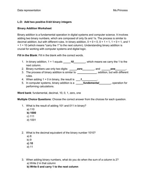 Binary Addition Worksheet Learn 8 Bit Binary Integers