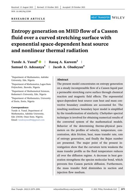 Entropy Generation On Mhd Flow Of A Casson Fluid Over A Curved