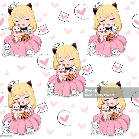 Cute Cartoon Anime Girl With Little Cats Seamless Pattern Vector