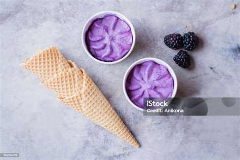맛 있는 베리 회색 돌 테이블 배경에 블랙베리 보라색 아이스크림 여름 맛 있는 디저트 복사 공간 평면도 건강한 생활방식에 대한