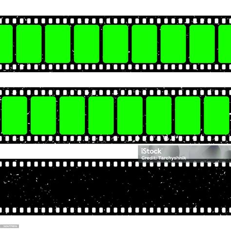 현실적인 그런 지 필름 스트립 카메라 롤 빈 녹색 크로마 키 배경이있는 오래된 복고풍 영화 영화 스트립 아날로그 비디오 녹화 및 사진 시각 효과 합성 벡터 일러스트 레이 션