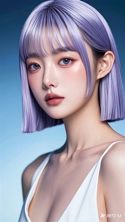 摄影写真，人像极简色块，高清，亚洲女性，渐变浅紫色短发，亚洲美女，正面，半身照，皮肤干净白皙，现代美女，银白色科技感服装，大眼睛，优雅，特写，8k分辨率，高清，照片，摄影，柔光，最佳画质，高