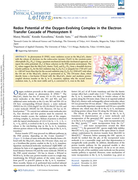 Pdf Redox Potential Of The Oxygen Evolving Complex In The Electron Transfer Cascade Of
