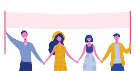 웃고 있는 청남 청녀들이 함께 서서 빈 깃발을 들고 있었다 퍼레이드 나 집회에 참여하는 사람들 남성과 여성 시위대 또는 활동가 플랫 만화 벡터 일러스트레이션 나름에 대한