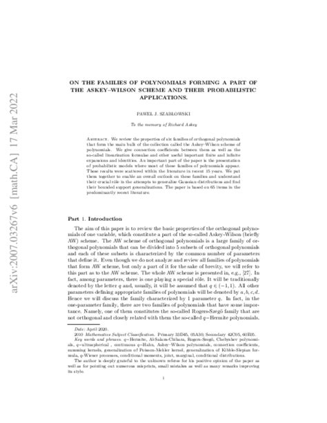 Pdf On The Families Of Polynomials Forming A Part Of The Askeywilson