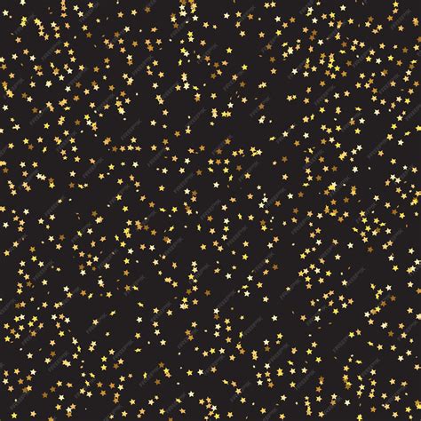 검은 배경에 스타 장식 조각 색종이 고립 된 평면 생일 카드 황금 별 배너 벡터 골드 반짝이 바닥에 떨어지는 입자 크리스마스 파티 프레임 바우처 선물 카드 템플릿 프리미엄 벡터