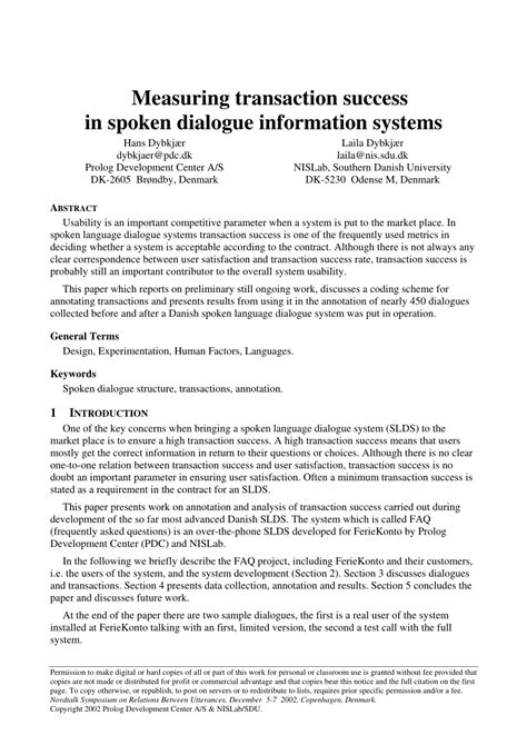 Pdf Measuring Transaction Success In Spoken Dialogue Information Systems