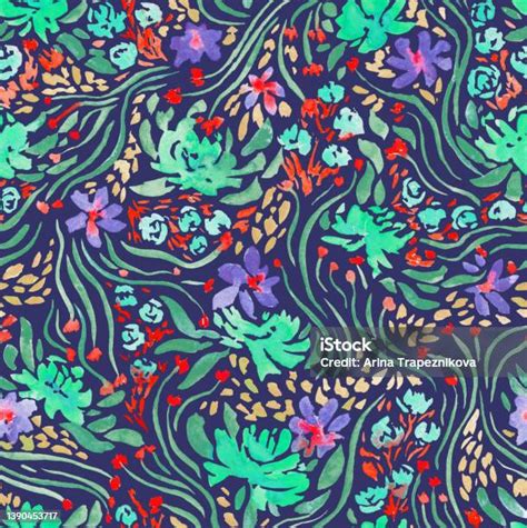 수채화로 칠해진 꽃 이음새가 없는 무늬 Doodle 스타일의 수채화 꽃과 나뭇잎이있는 배경 0명에 대한 스톡 벡터 아트 및 기타 이미지 Istock