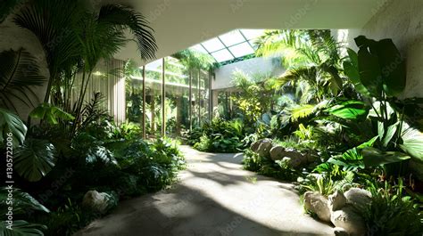 Ilustración De Stock Lush Indoor Botanical Garden With Dense Foliage In