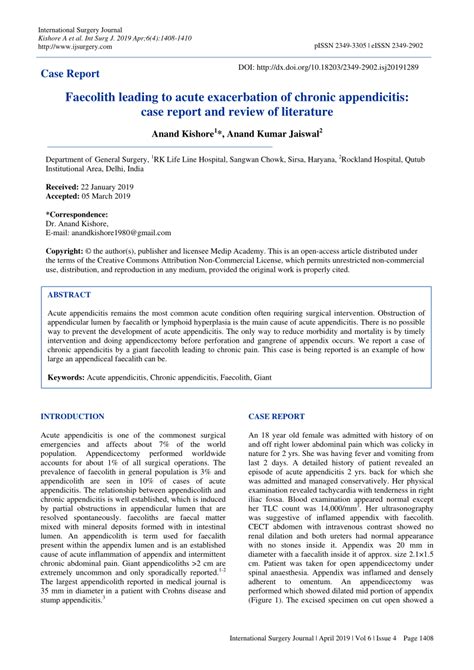 Pdf Faecolith Leading To Acute Exacerbation Of Chronic Appendicitis Case Report And Review Of