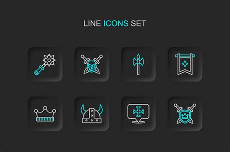 칼 십자군 뿔 달린 헬멧을 쓴 바이킹 왕관 중세 깃발 도끼 해골 및 철퇴 스파이크 아이콘으로 라인 방패를 설정하십시오 벡터