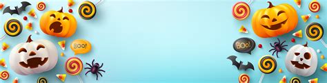귀여운 할로윈 호박 박쥐 거미와 사탕밝은 파란색 배경 할로윈 배경 웹 사이트 으스스한 배경 또는 배너 할로윈 템플릿 벡터 일러스트 Eps 10 10월에 대한 스톡 벡터 아트