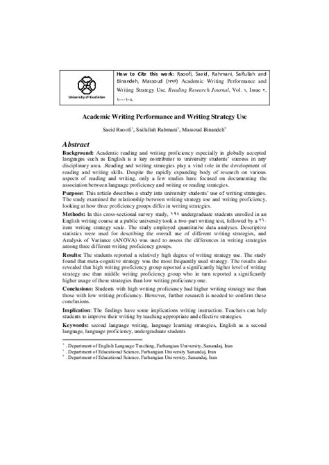 Pdf Academic Writing Performance And Writing Strategy Use